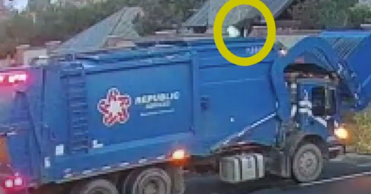 Waste Service Truck Picks Up Dumpster and Dumps it, Then Driver Spots ...
